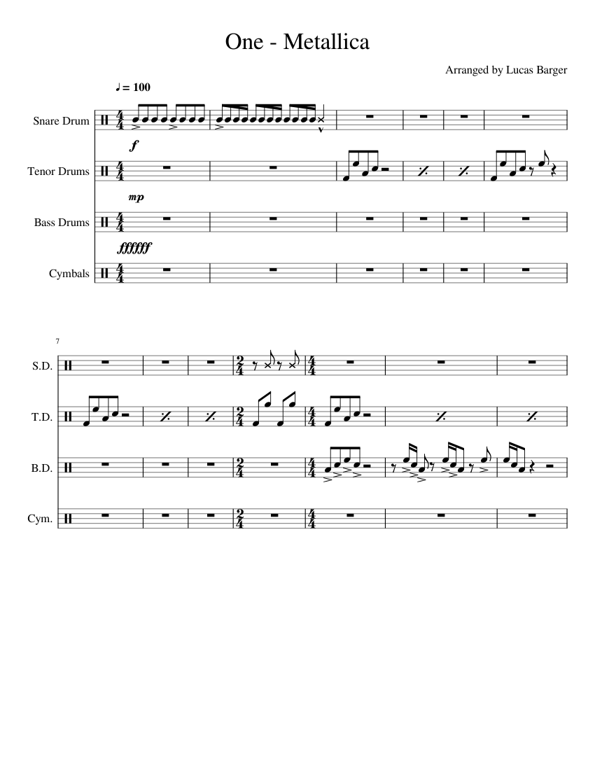 One - Metallica Sheet music for Snare Drum, Bass Drum, Crash, Tenor ...