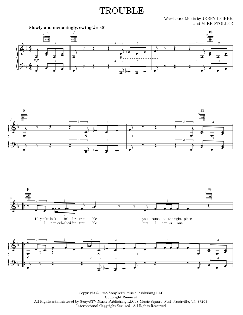 Play Official version of Trouble Sheet Music by Elvis Presley for Piano ...