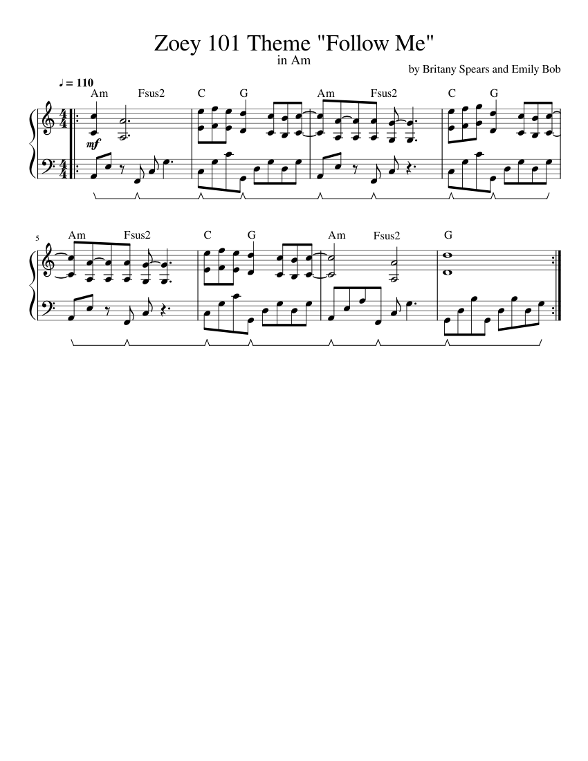 Zoey 101 Theme "Follow Me" | Britany Spears | Piano Sheet music for ...