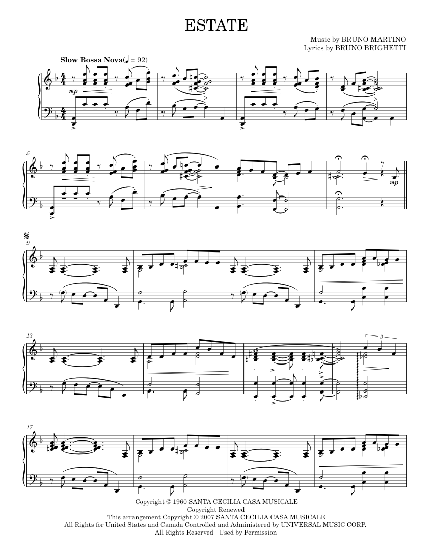 Play Official version of Estate Sheet Music by Bruno Martino for Piano ...