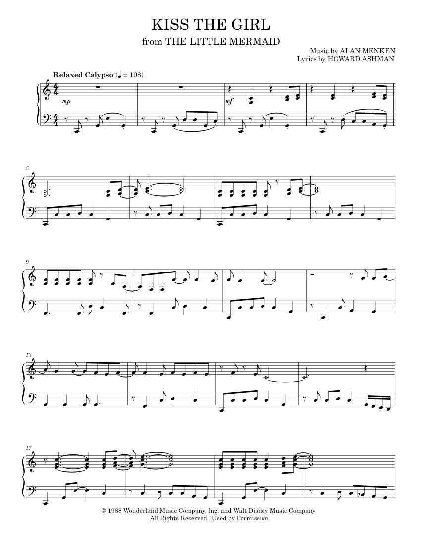 Play Official version of Kiss The Girl (from The Little Mermaid) Sheet ...