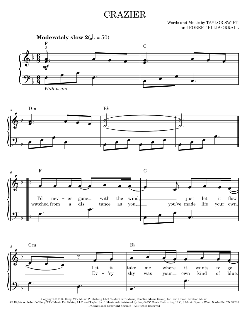 Play Official version of Crazier Sheet Music by Taylor Swift for Piano ...