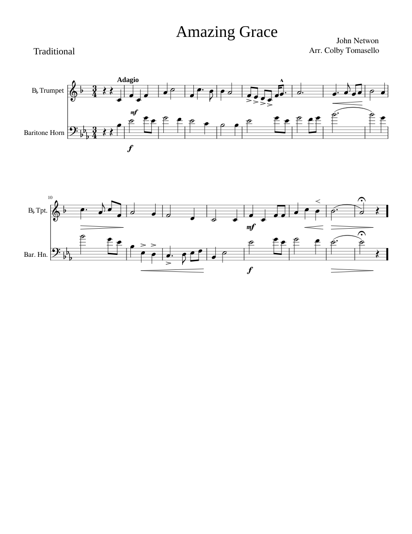 Amazing Grace Trumpet Euphonium Duet Sheet music for Baritone horn ...