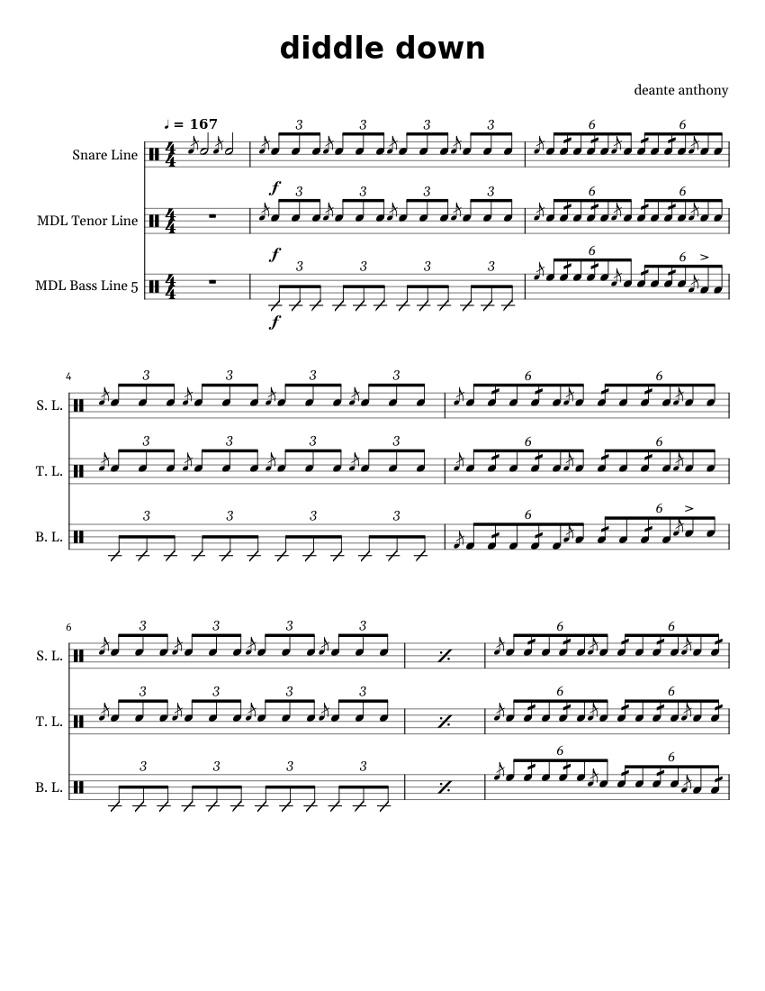 diddle_down Sheet music for Snare Drum, Tenor Drum, Bass Drum (Percussion Trio) | Musescore.com