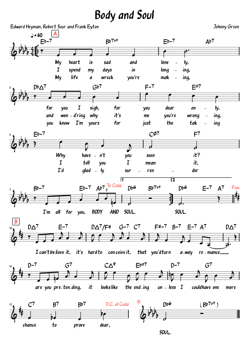 Body and Soul (Lead sheet with lyrics ) - piano tutorial