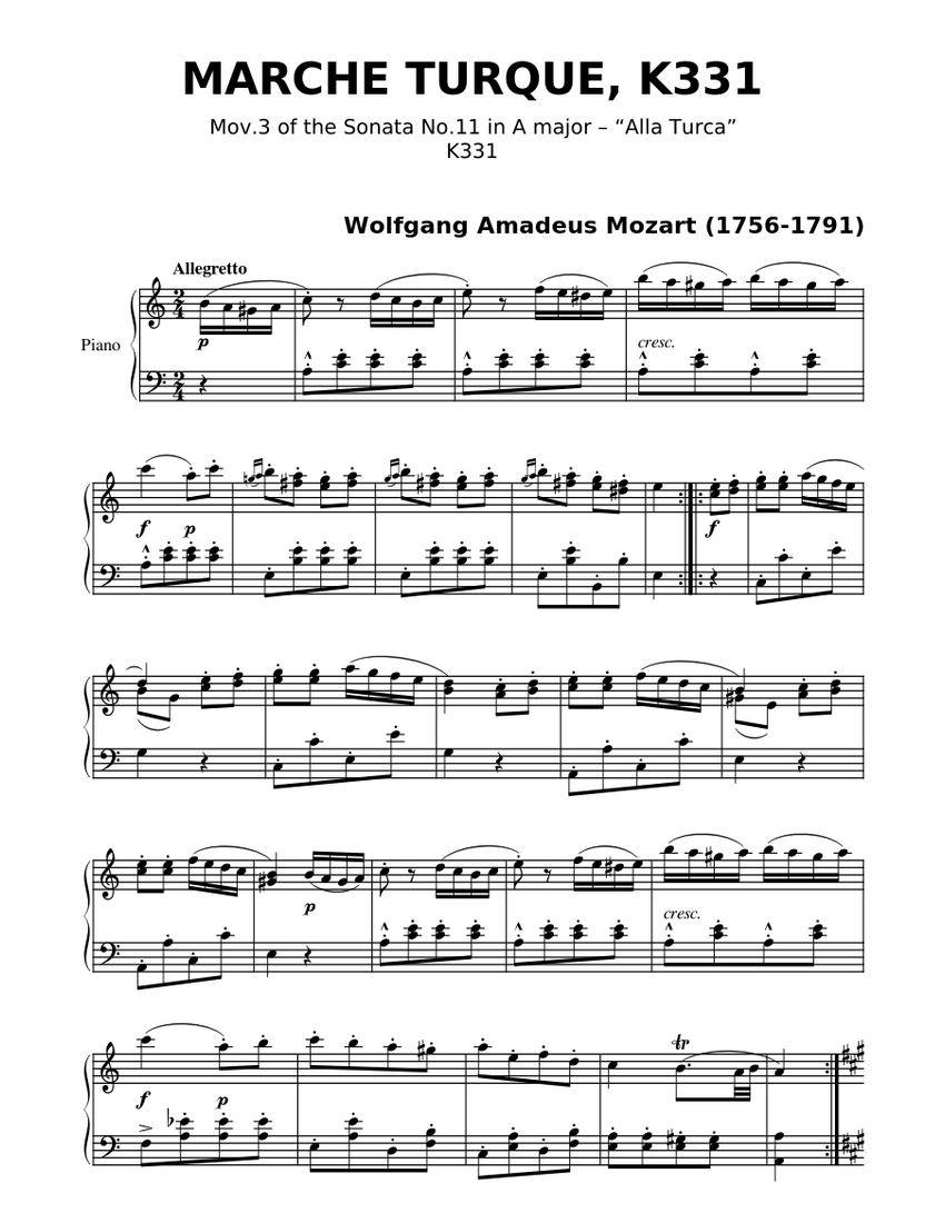 MARCHE TURQUE (Mozart) Sheet music for Piano (Solo) | Musescore.com