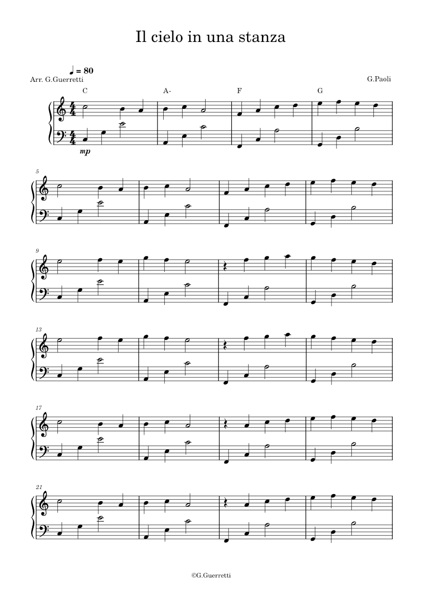 Il cielo in una stanza – Gino Paoli Sheet Music for Piano (Solo) easy ...