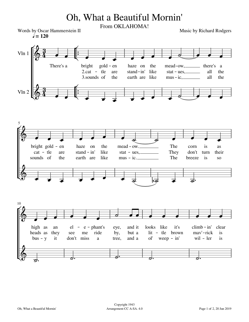 Oh What a Beautiful Mornin' Sheet music for Violin (String Duet ...