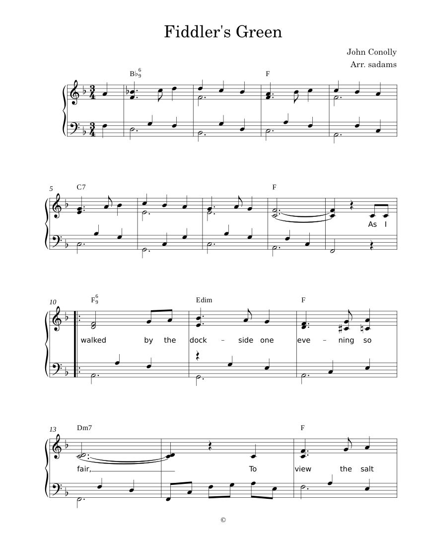 Fiddlers Green – Traditional Irish Folk Song Sheet Music with Chords ...