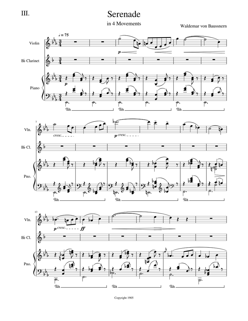 Serenade (movement III.) Sheet music for Piano, Clarinet in b-flat ...