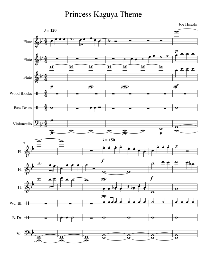 Princess Kaguya Theme Sheet Music for Flute, Cello, Bass drum ...