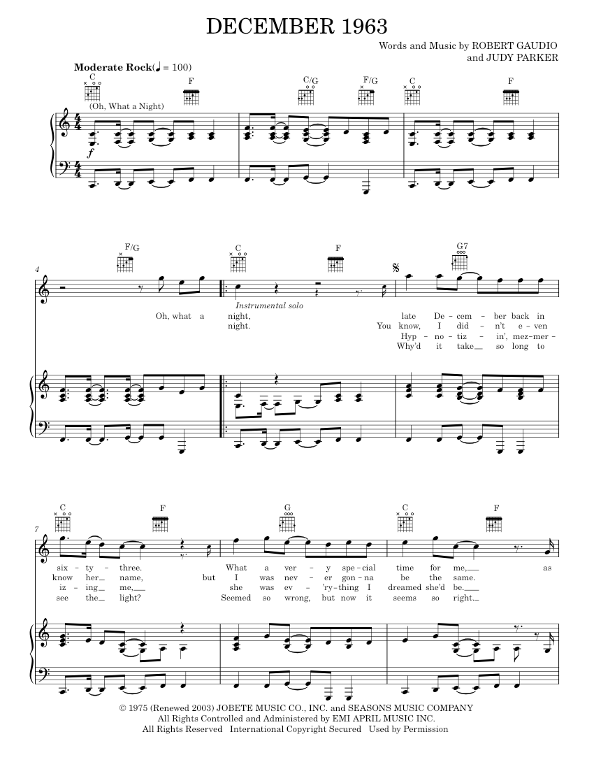 December, 1963 (Oh, What A Night) Sheet music for Piano, Vocals by The ...