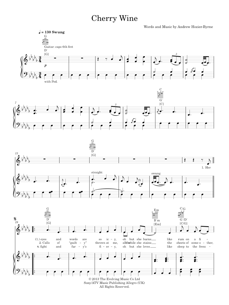 Play Official version of Cherry wine Sheet Music by Hozier for Piano, Vocals | MuseScore.com