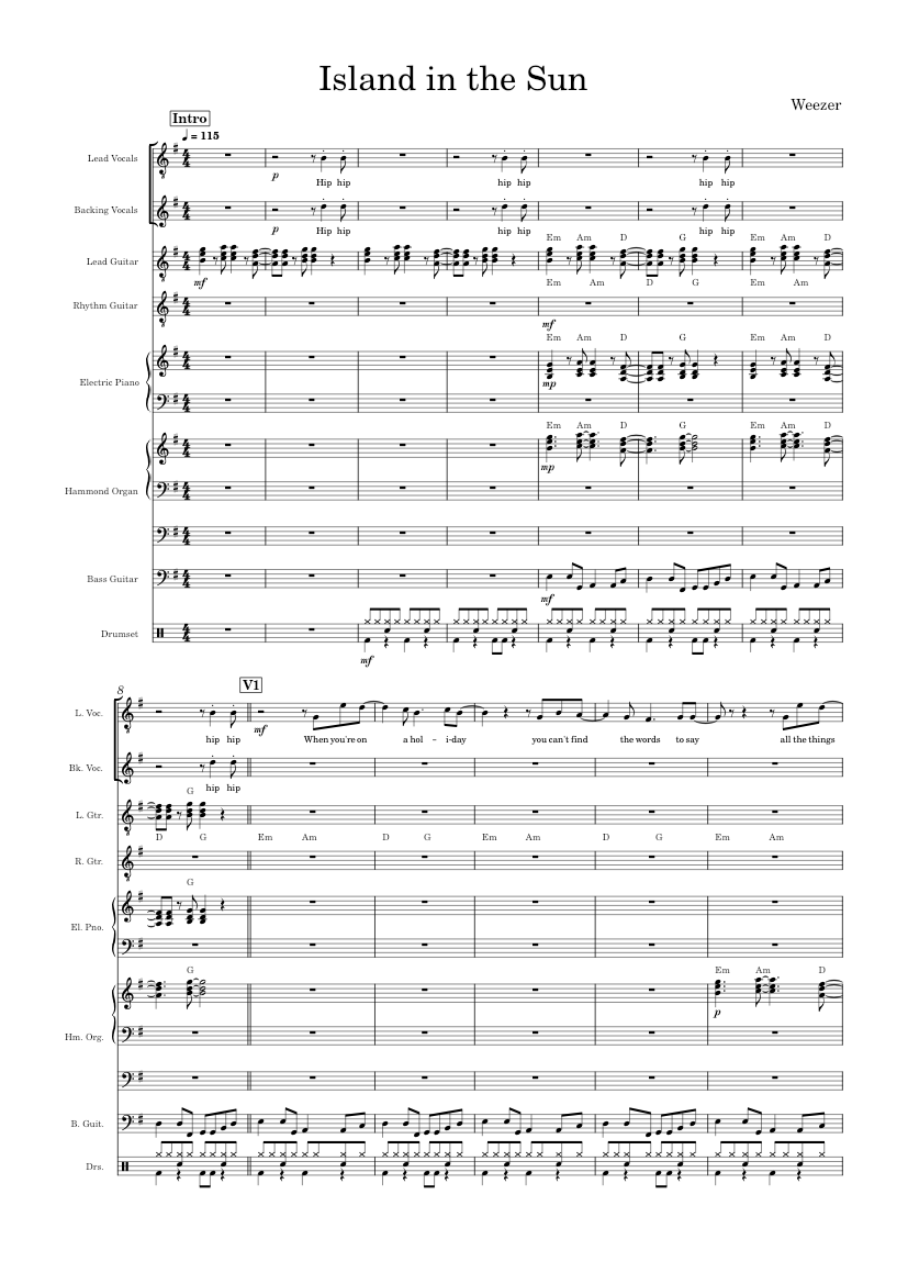 Island In The Sun - Weezer Sheet Music for Piano, Organ, Vocals, Guitar & more instruments ...