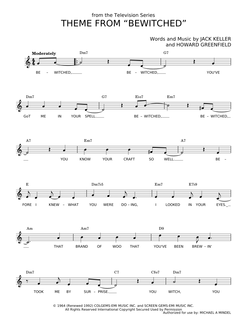 Theme from Bewitched - Howard Greenfield, TV Theme Song Sheet music for ...
