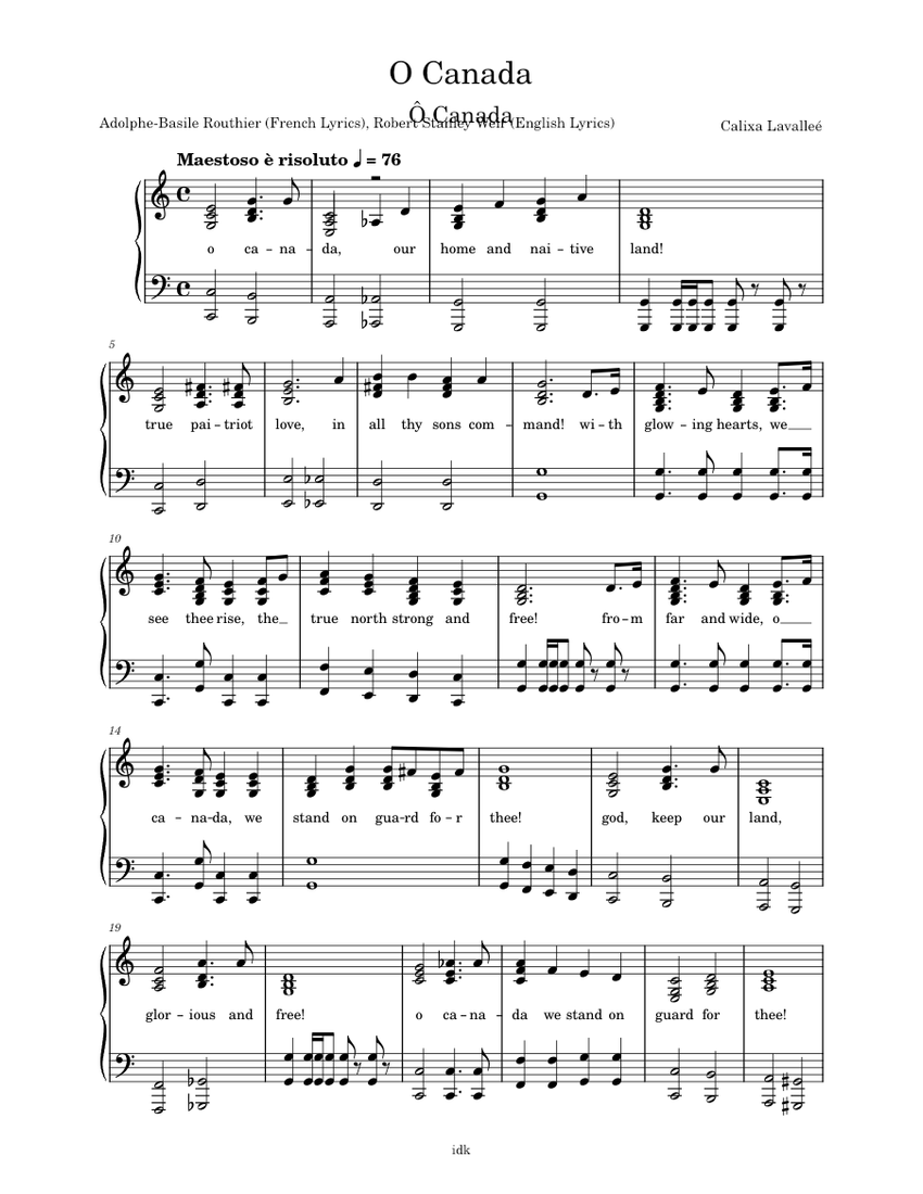 O Canada – Calixa Lavallée O Canada Sheet music for Piano (Solo) Easy ...