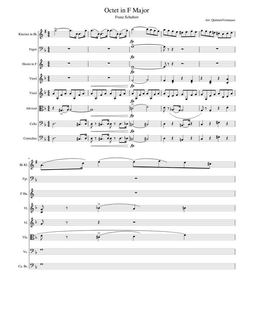 Octet in F Major Schubert Sheet music for Clarinet in b-flat, Bassoon ...
