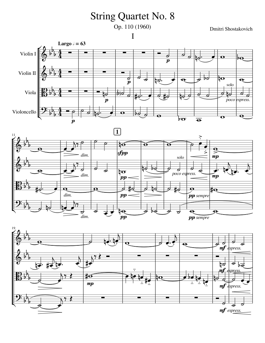 String Quartet No. 8 in C Minor, Op. 110 | Dmitri Shostakovich Sheet music for Violin, Viola ...