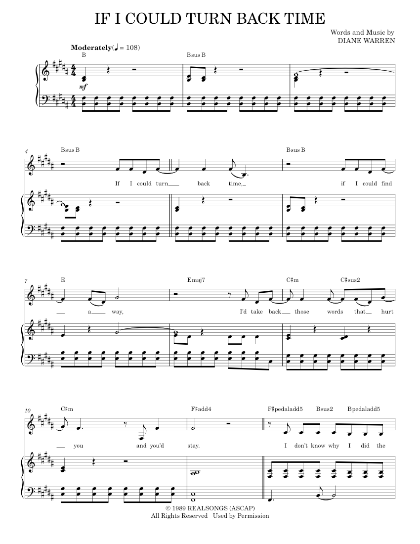 if i could turn back time Sheet music for Piano, Vocals by Cher ...