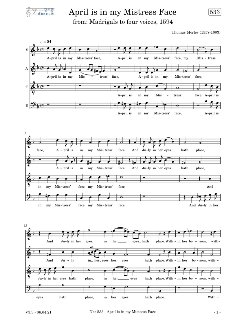 April is in my Mistress Face (Thomas Morley) Sheet music for Soprano ...
