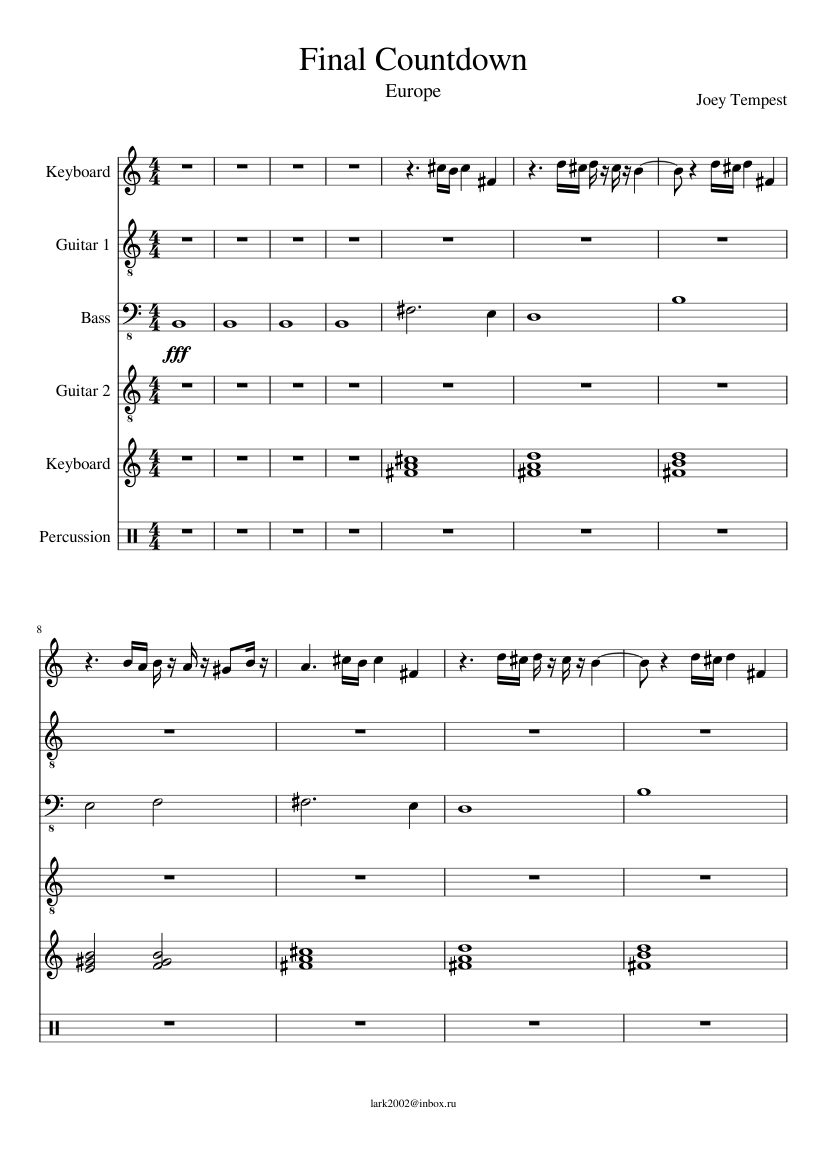 The Final Countdown Sheet music for Guitar, Bass guitar, Drum (other ...