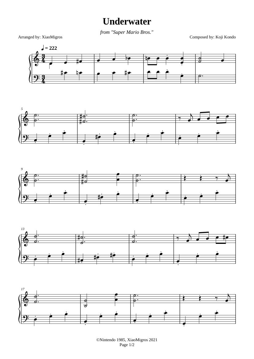Underwater - Super Mario Bros. Sheet Music for Piano (Solo) Easy ...