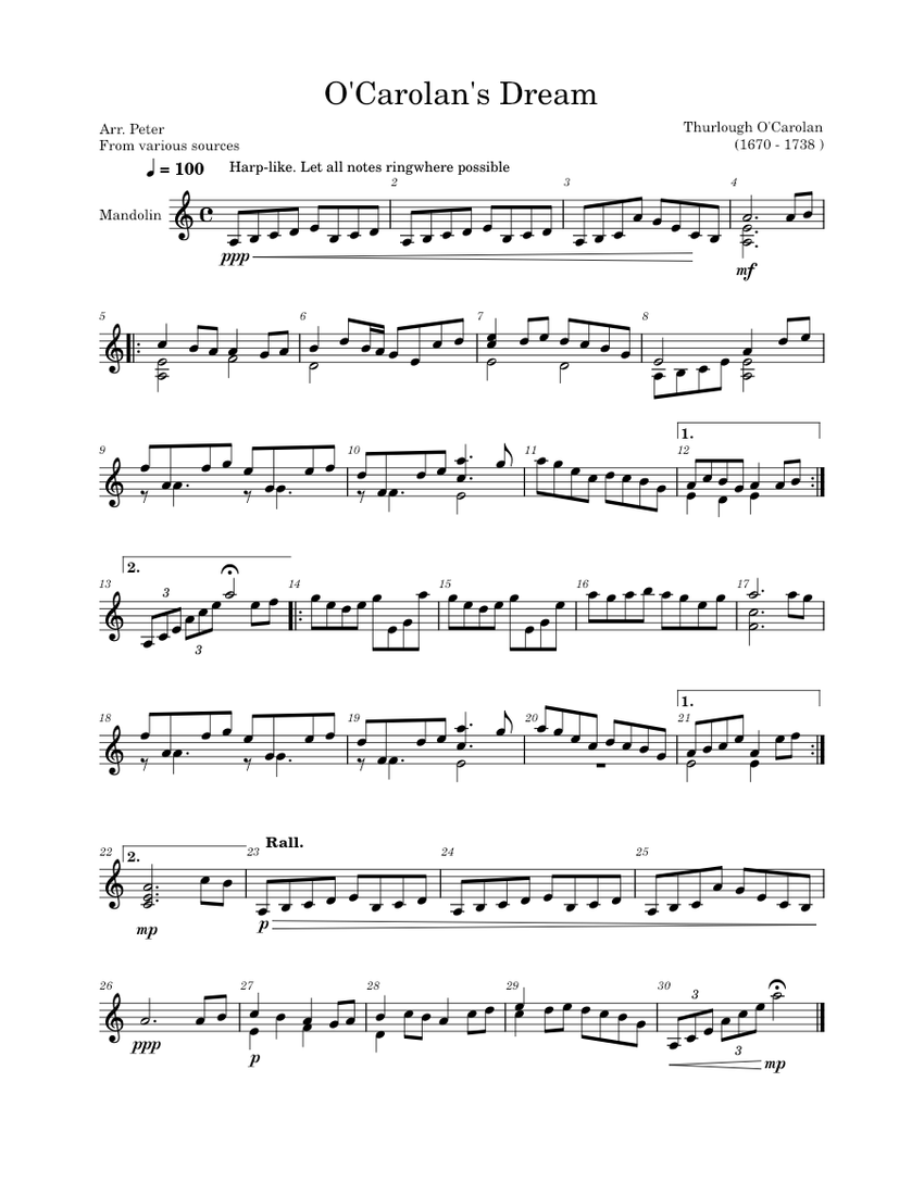 O'Carolan's Dream – Turlough O'Carolan Sheet music for Mandolin (Solo ...