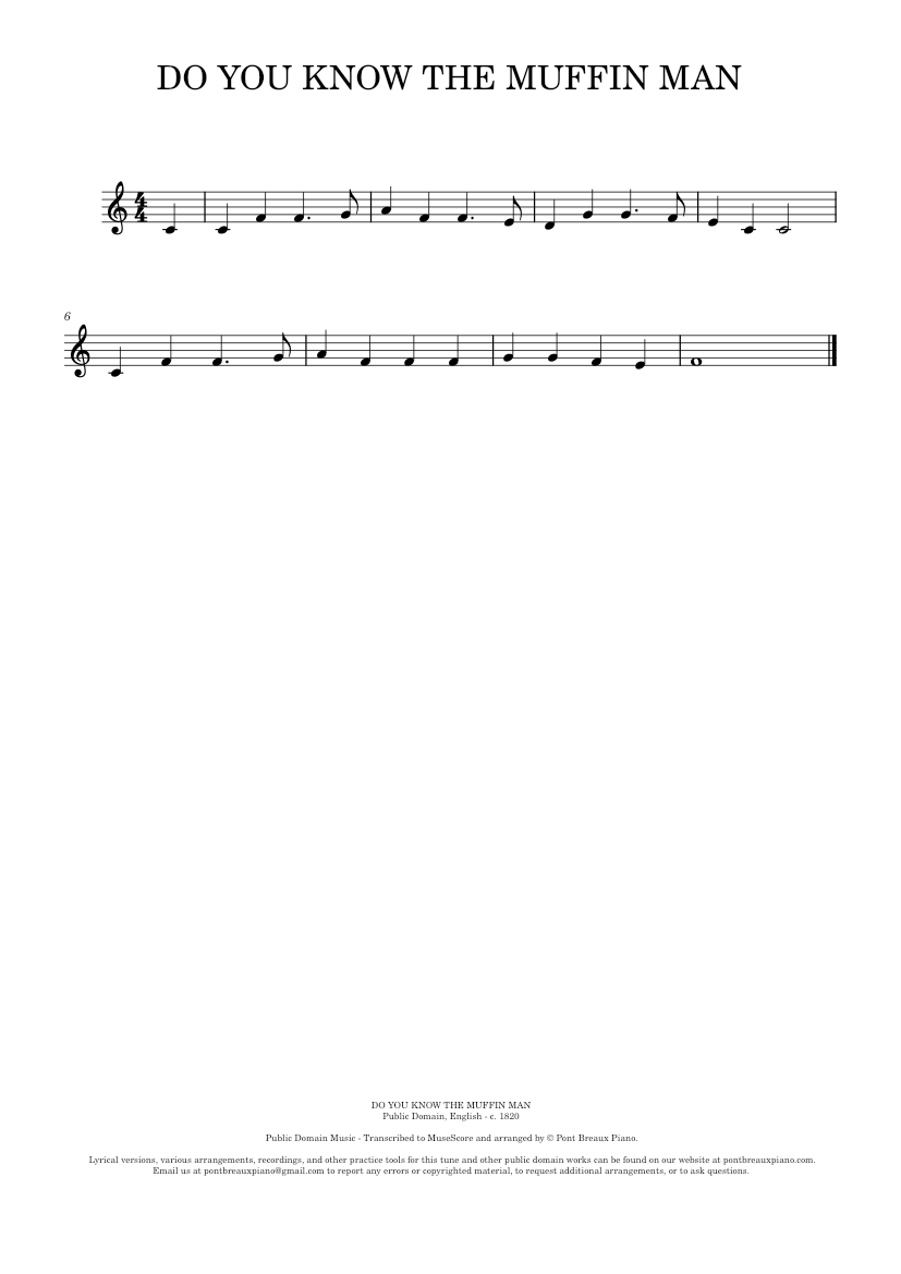 DO YOU KNOW THE MUFFIN MAN – Trad. English Sheet Music for Piano (Solo ...