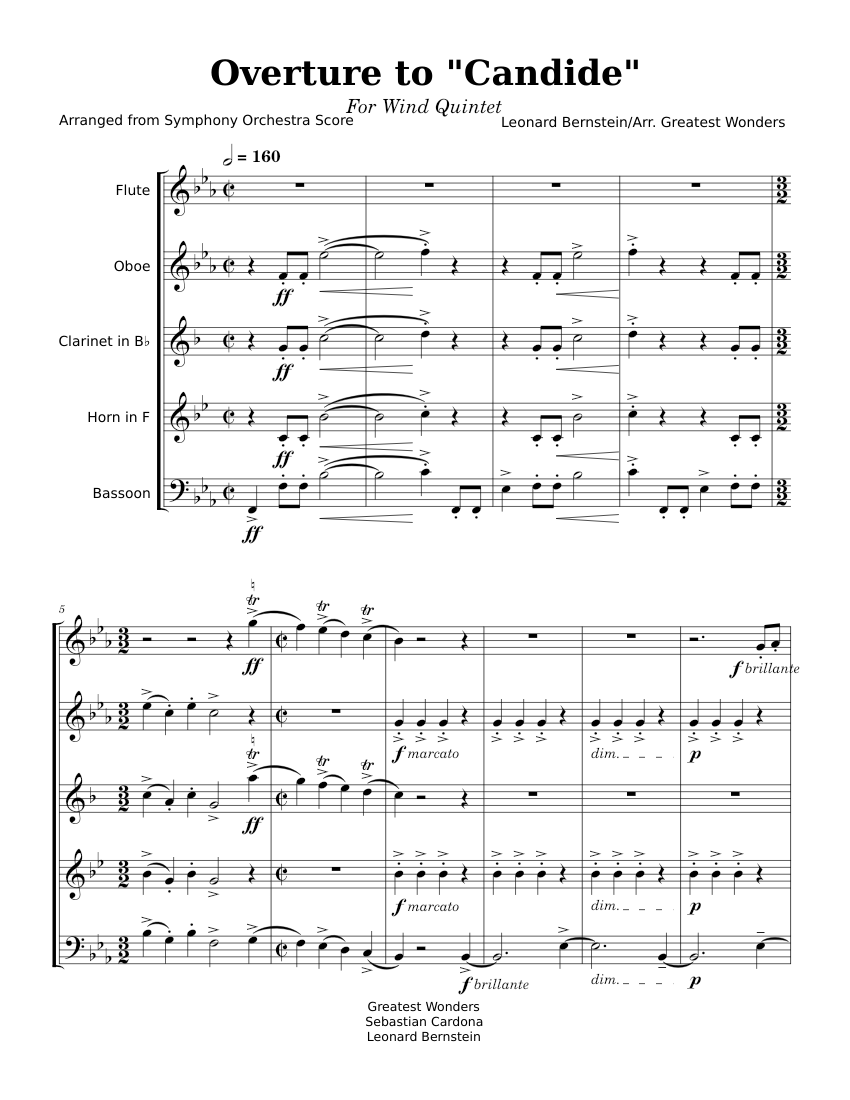 Overture to "Candide" for Woodwind Quintet Sheet Music for Flute, Oboe, Bassoon, French horn ...