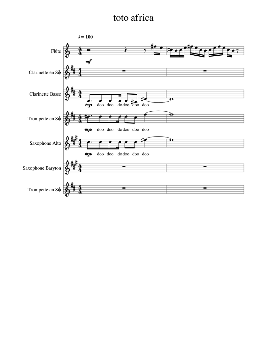 toto africa Sheet music for Trumpet (In B Flat), Flute, Clarinet (In B ...