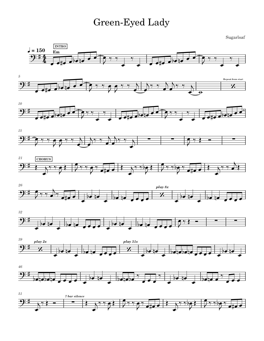 Green eyed lady – Sugarloaf | Bass Guitar sheet music Sheet Music for ...