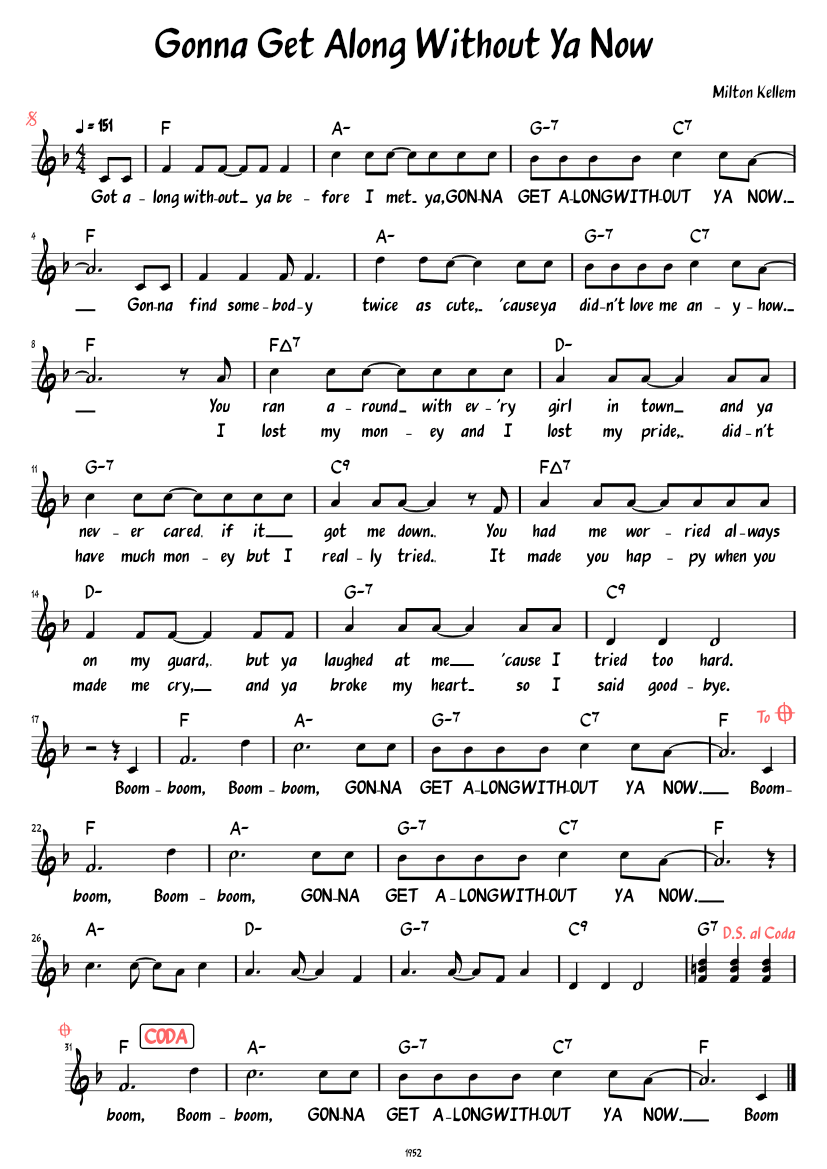Gonna Get Along Without Ya Now (Lead sheet with lyrics ) Sheet Music ...