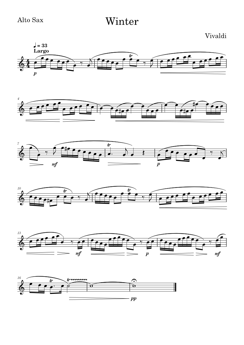 Vivaldi Largo from Winter (L’inverno) Sheet Music for Saxophone alto ...