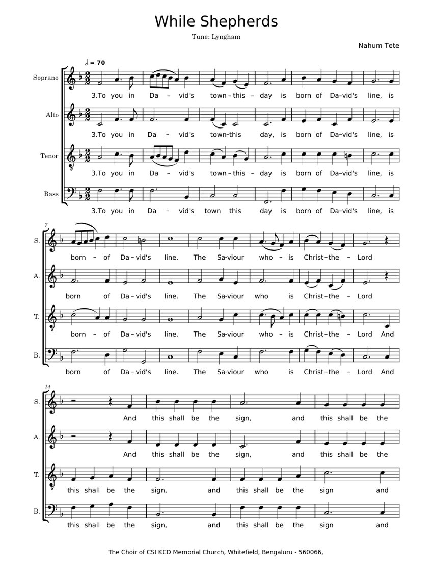 While Shepherds - Bass (Tune: Lyngham) Sheet music for Soprano, Alto ...