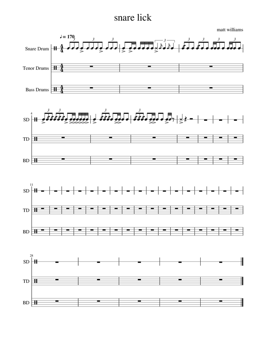 snare lick Sheet music for Snare drum, Tenor drum, Bass drum ...