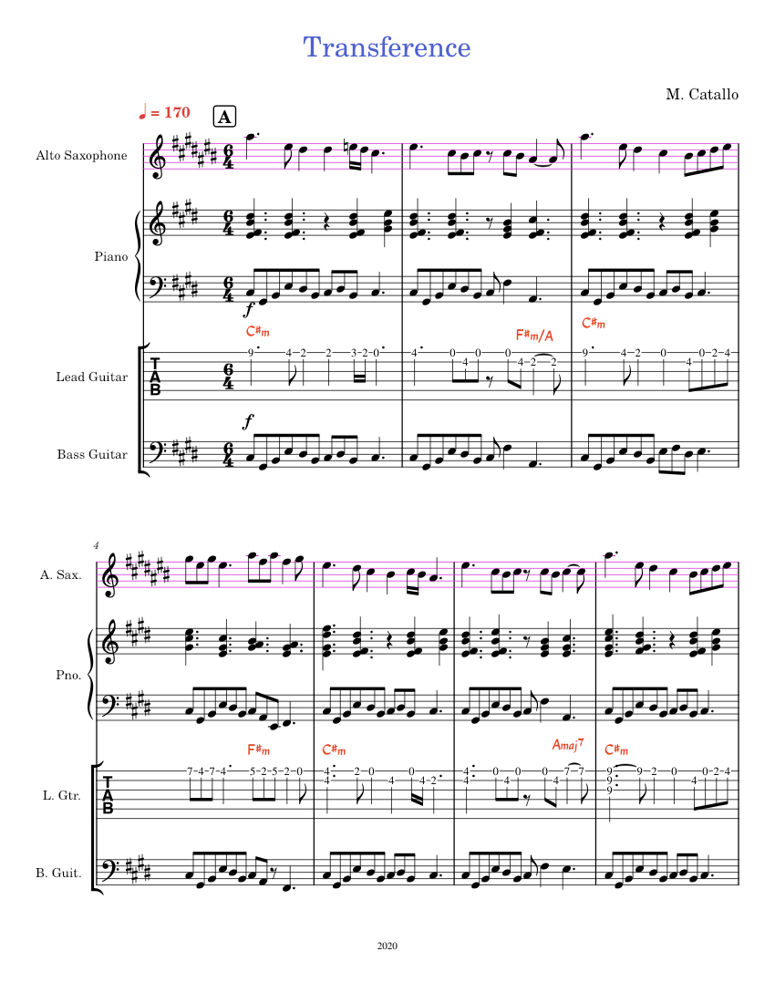 Transference Sheet music for Piano, Saxophone alto, Guitar, Bass guitar ...