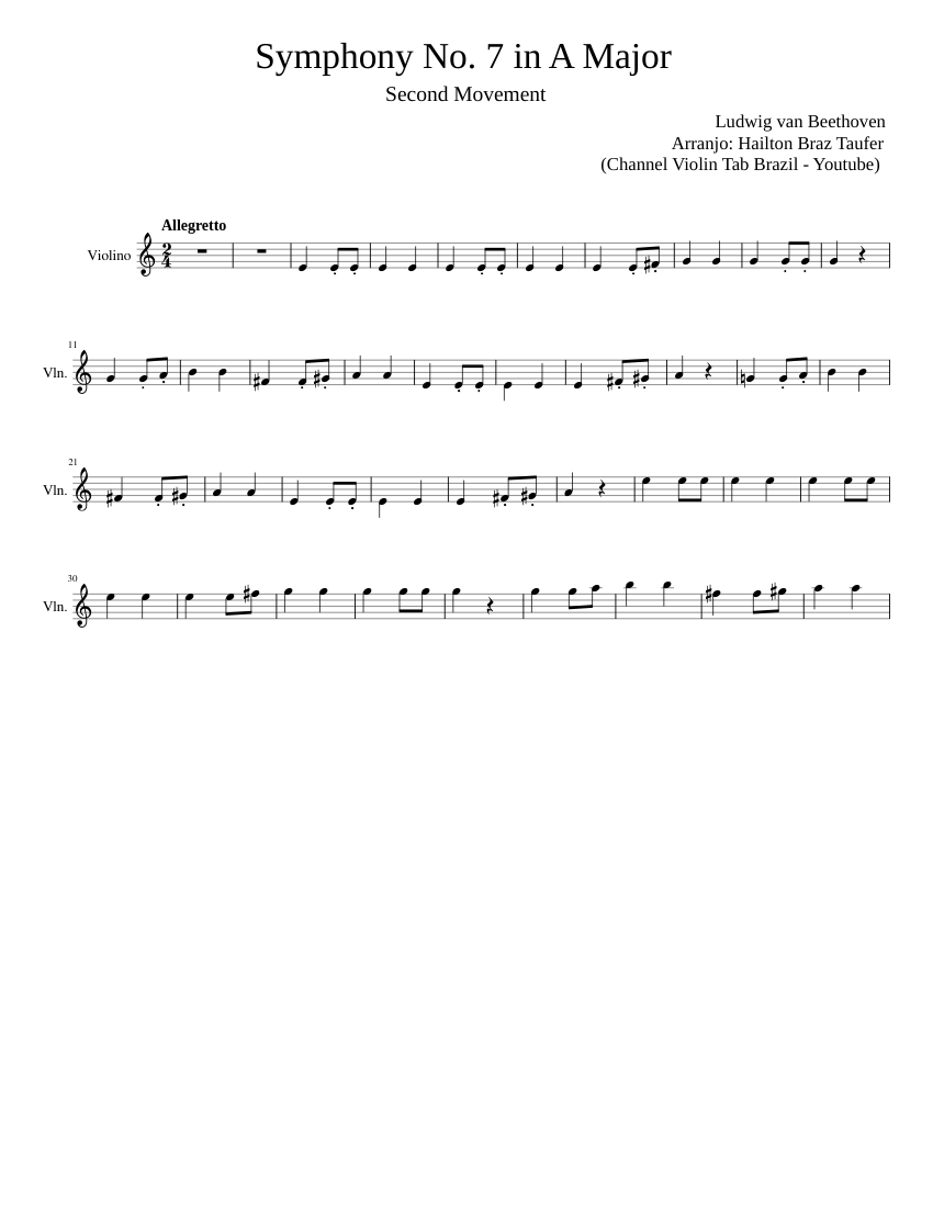 Symphony No. 7 In A Major 2º Movement Beethoven Sheet music for Violin ...