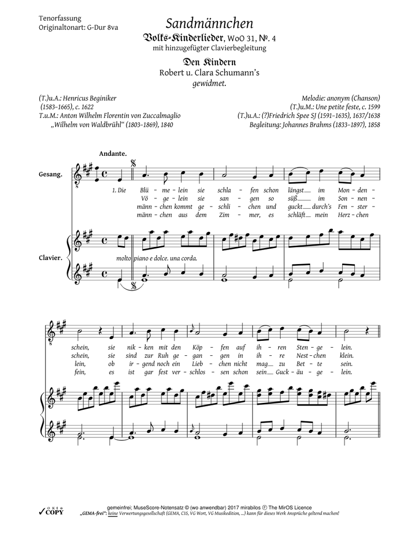 Brahms — Sandmännchen (A-Dur 8vb) Sheet music for Piano, Tenor (Piano ...