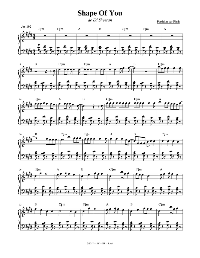 Shape of You ~ Ed Sherran Sheet music for Piano (Solo) Easy | Musescore.com