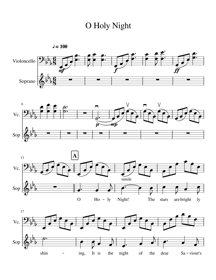 O Holy Night for Cello and Soprano Sheet music for Flute, Cello (Mixed ...