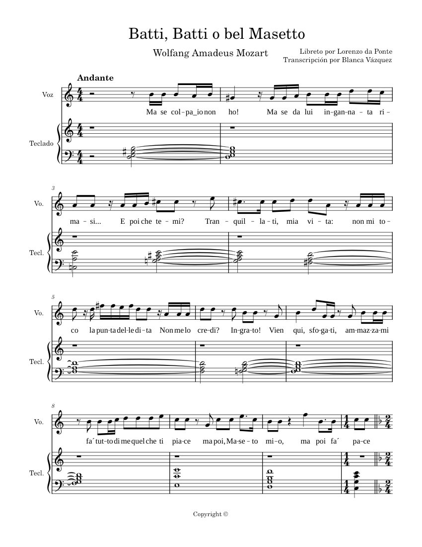 Batti, Batti, o bel Masetto-Wolfang A. Mozart Sheet Music for Piano ...