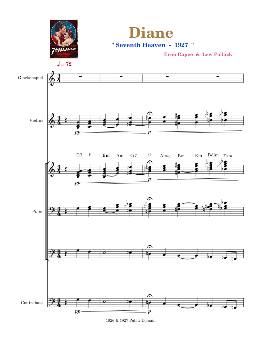 Diane and Charmaine medley Sheet Music for Piano, Glockenspiel, Strings ...