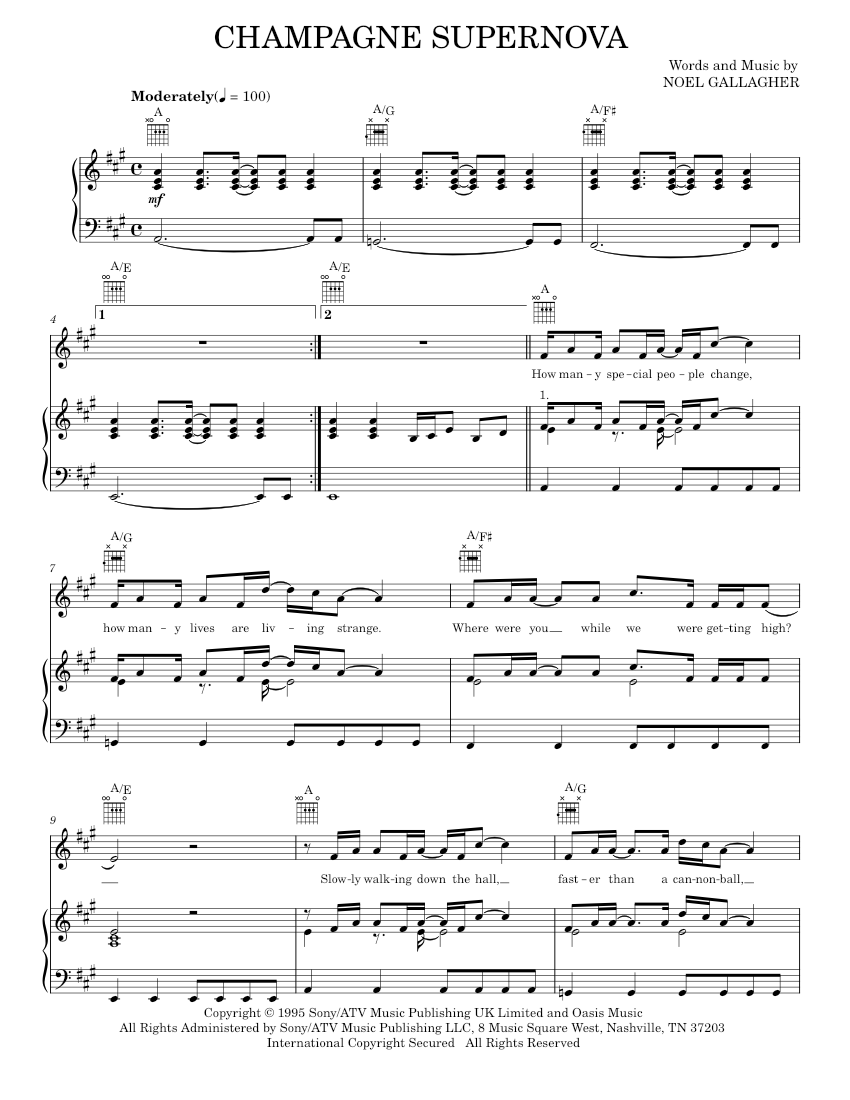 champagne supernova Sheet music for Piano, Vocals by Oasis Official ...