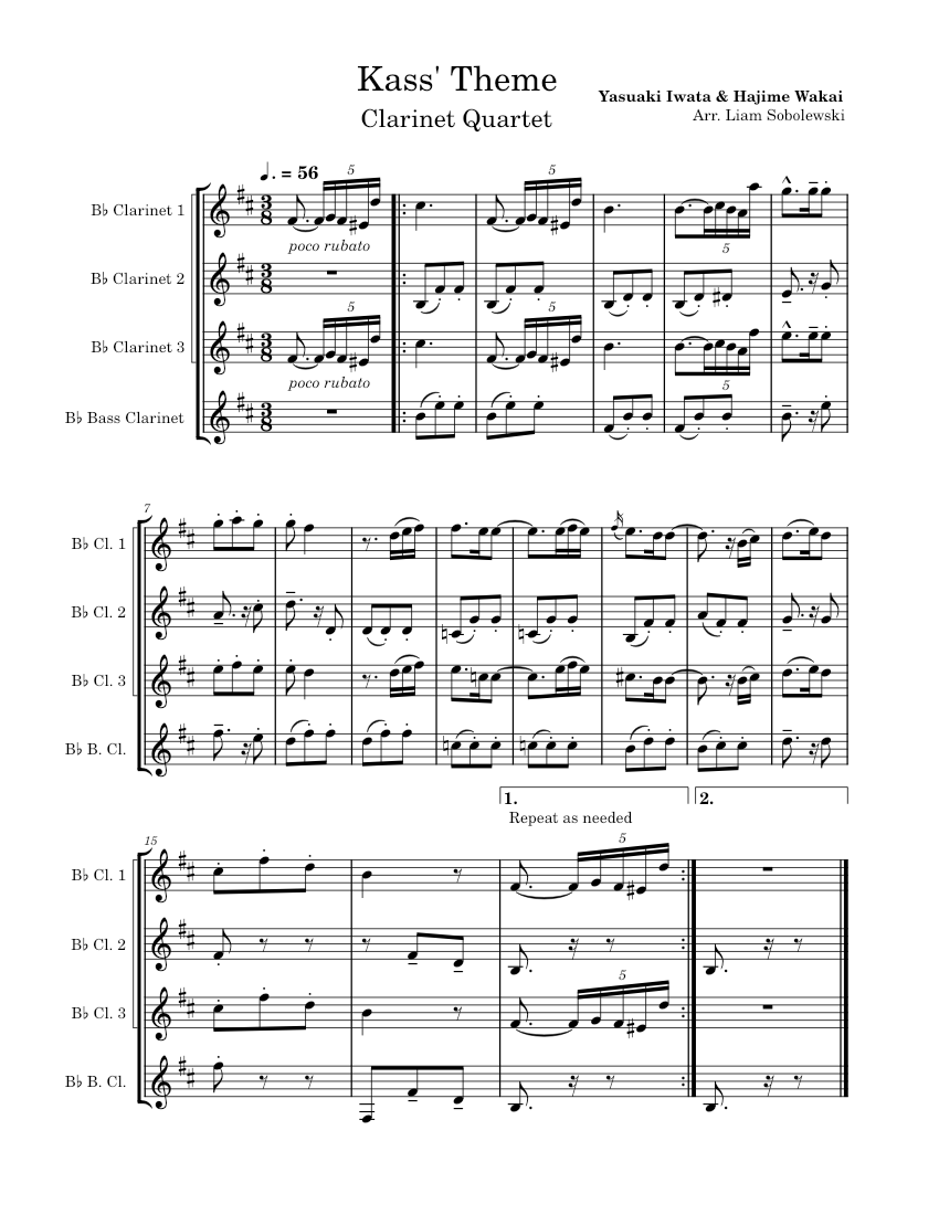Kass' Theme (for Clarinet Quartet)-Yasuaki Iwata & Hajime Wakai Sheet ...