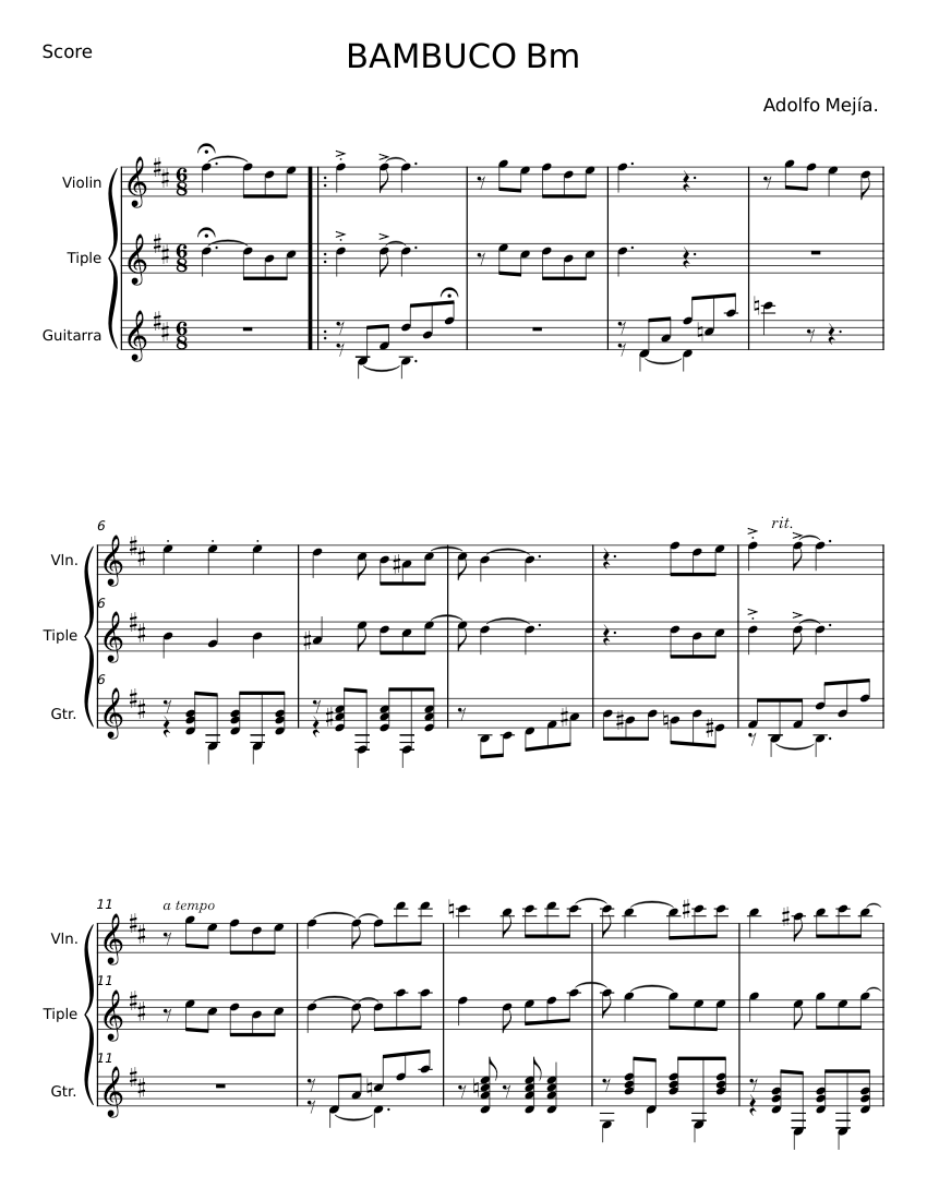 BAMBUCO Bm - Adolfo Mejía Sheet music for Violin, Guitar (Mixed Trio ...
