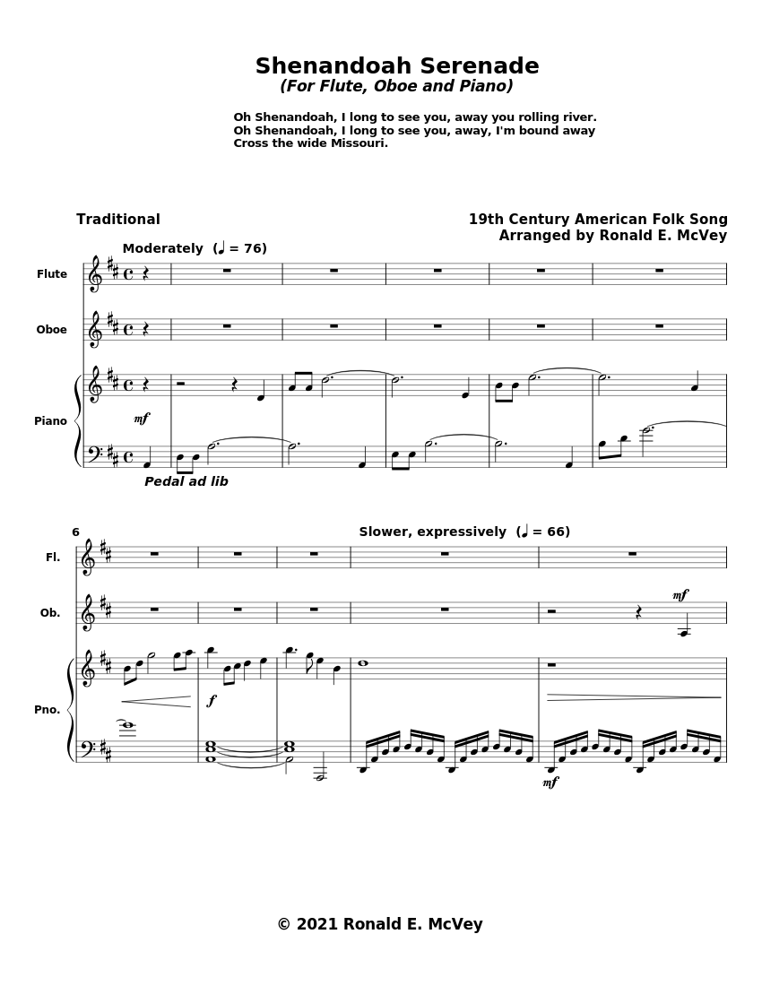 Shenandoah Serenade (Trio) Sheet music for Piano, Flute, Oboe (Solo) | Musescore.com