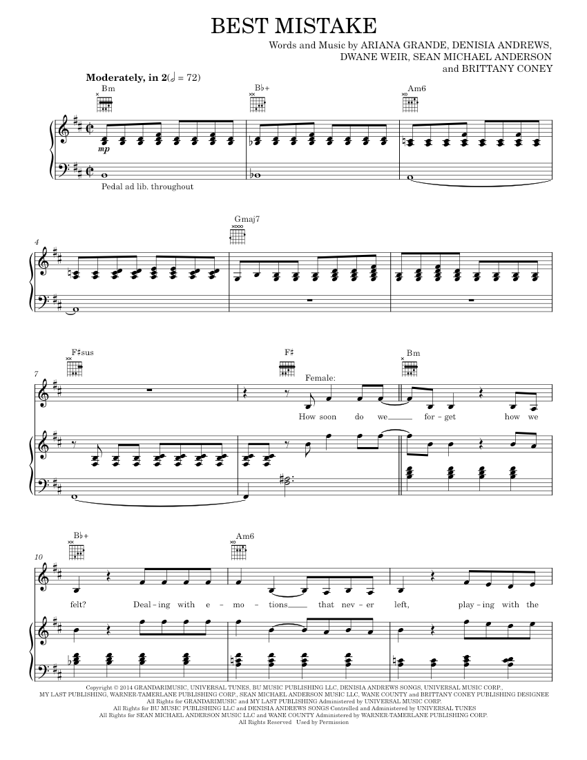 best mistake Sheet music for Piano, Vocals: Music Notes