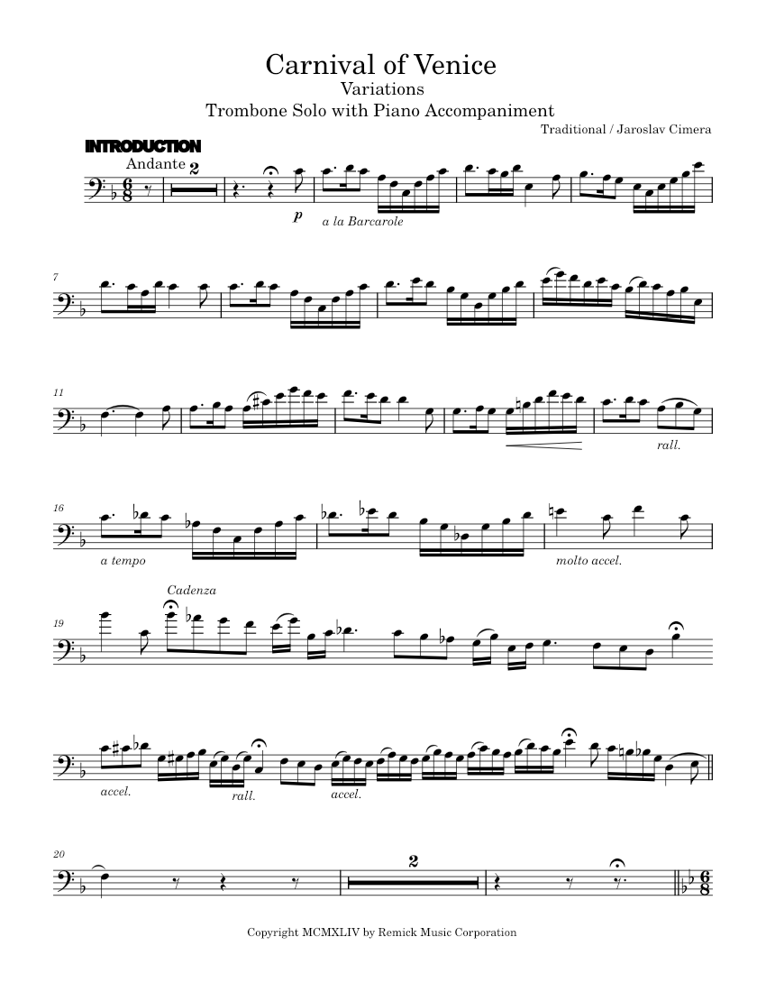 Carnival of Venice for Solo Trombone with Piano Accompaniment ...