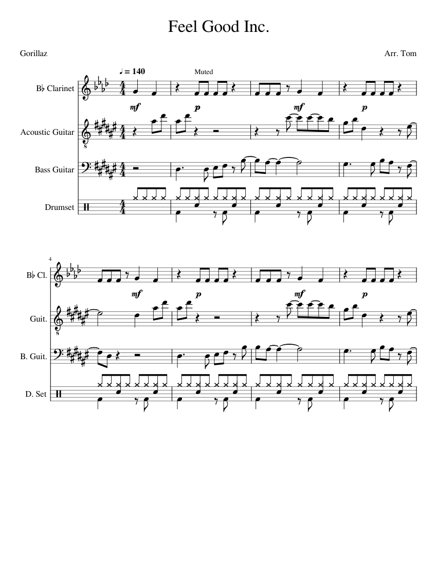 Feel Good Inc. Sheet music for Clarinet in b-flat, Guitar, Bass guitar ...