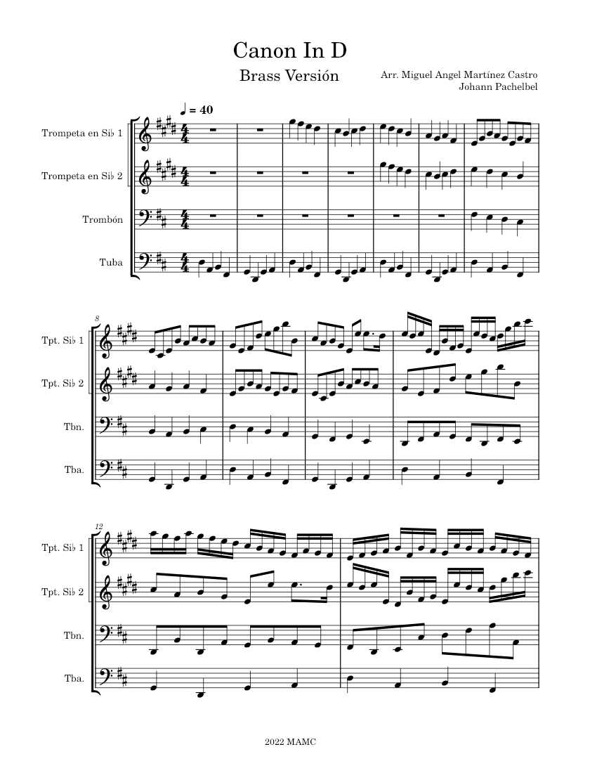 Canon In D - Johann Pachelbel - Brass Version Sheet music for Trombone ...